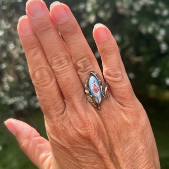 Vintage | Jewelry | Hphand Painted Russian Rostov Finift Bluewhite Floral Enamel Ring | Poshmark